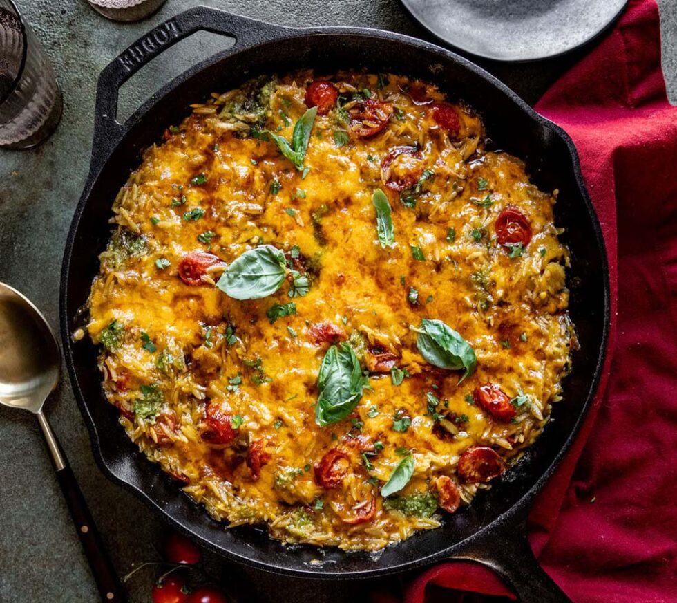 Cheesy Caprese Pesto Orzo Bake | Cracker Barrel Cheese